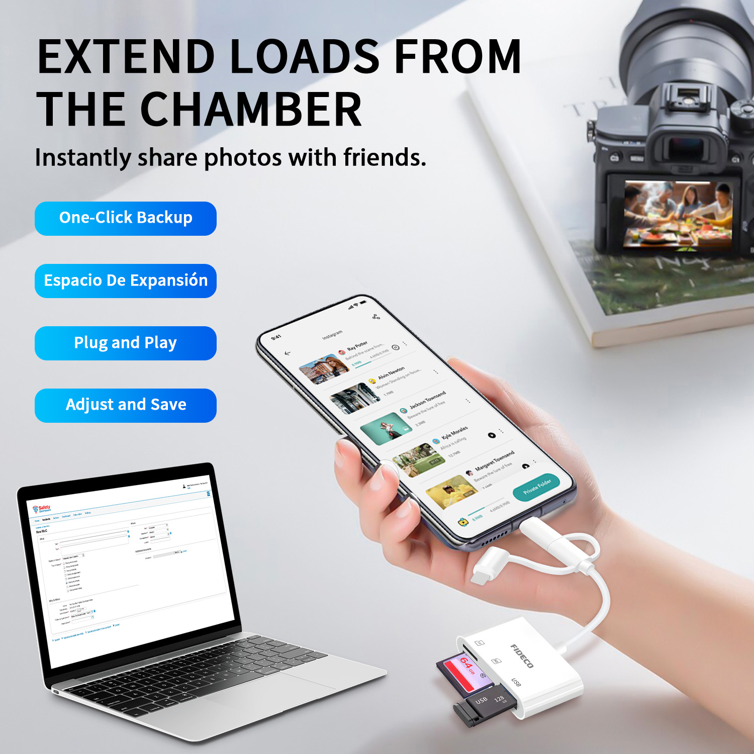 FIDECO 3 in 1 Type C Lightning Micro to USB SD/TF Card Reader Dual Slot ...